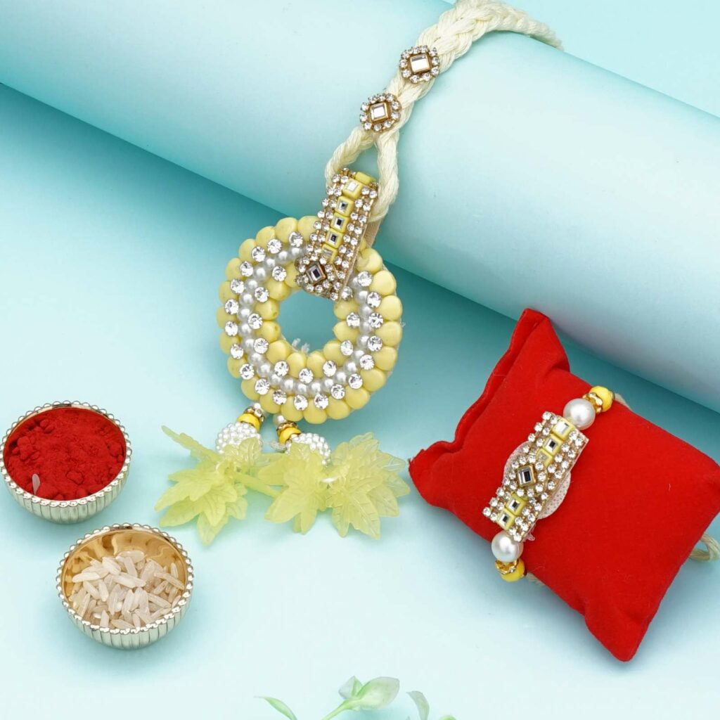 White Pearl Stone Rakhi & Lumba Set - HoMafy